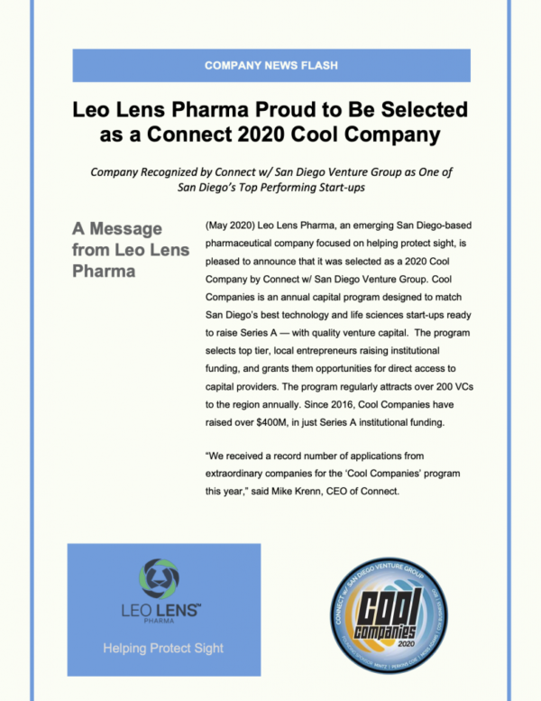 Leo Lens Pharma Proud to Be Selected as a Connect 2020 Cool Company ...